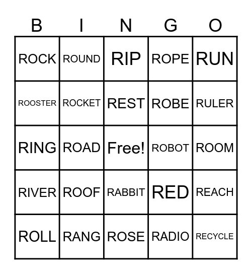 Initial R Bingo Card