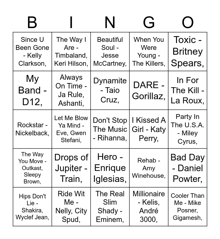 Y2K Bingo Card