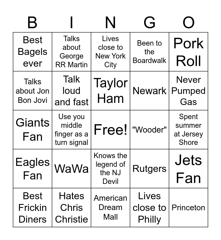 New Jersey Bingo Card