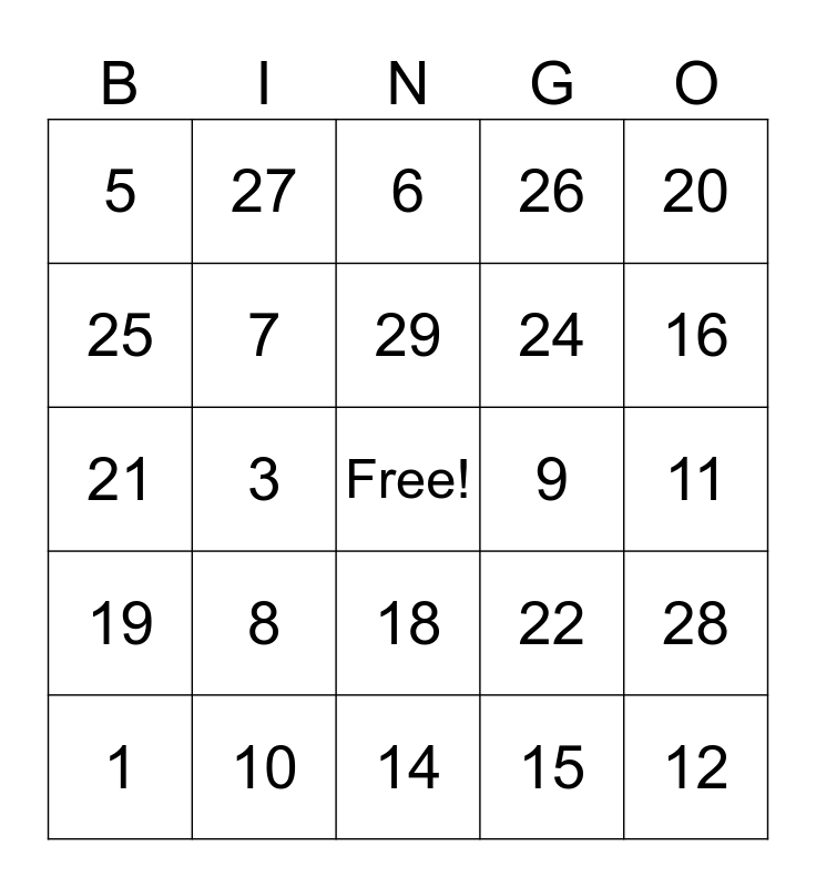 Bingo number Bingo Card