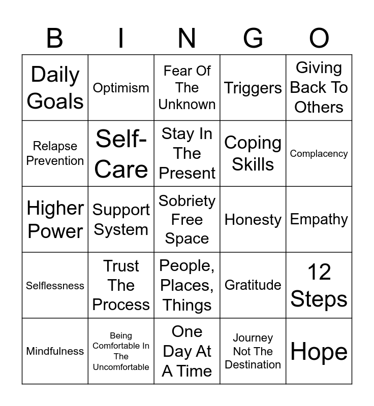 Recovery Bingo Card