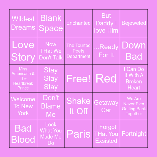 Taylor Swift Music Bingo Card
