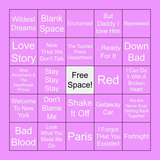 Taylor Swift Music Bingo Card