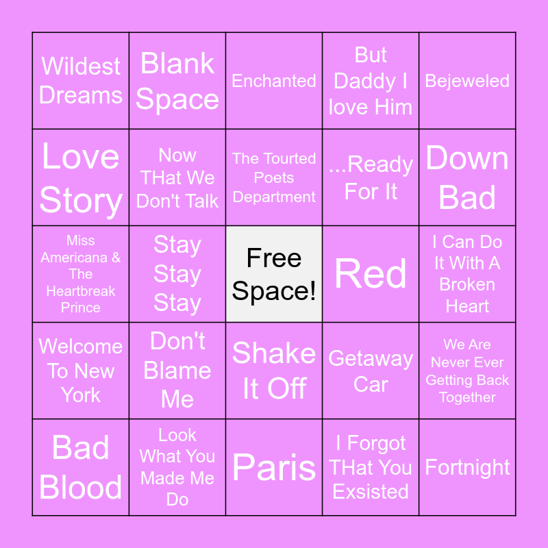 Taylor Swift Music Bingo Card