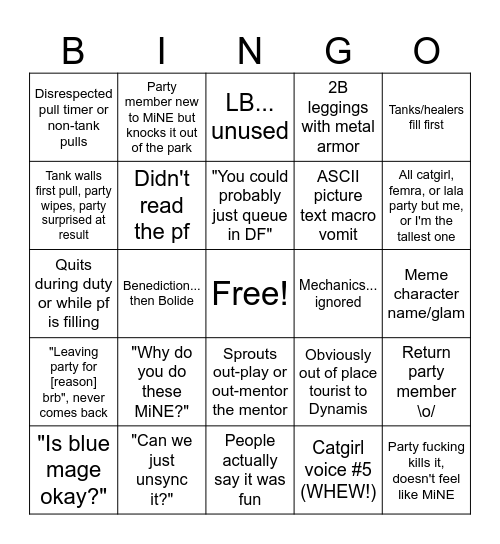 Svafa's FF14 MiNE PF Bingo Card Bingo Card