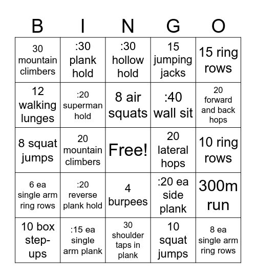 Fitness Bingo Card