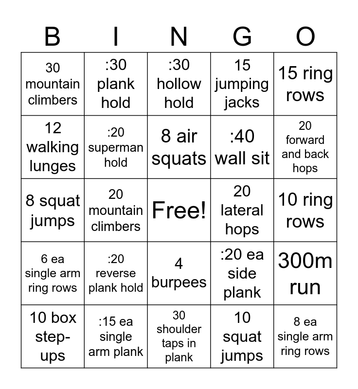 Fitness Bingo Card