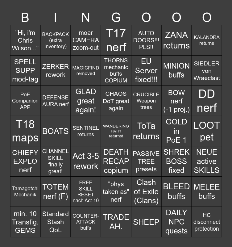 Pille's Path of Exile 3.25 BINGO Card