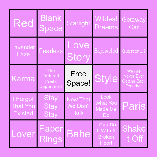 Taylor Swift Music Bingo! Bingo Card