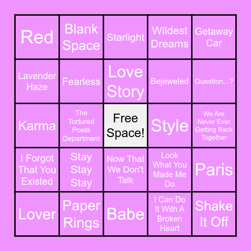 Taylor Swift Music Bingo! Bingo Card