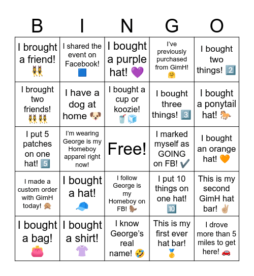 George’s Hat Bar Bingo Card