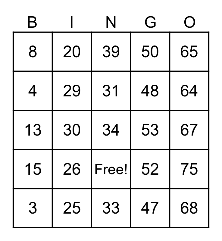 Traditional Bingo Card