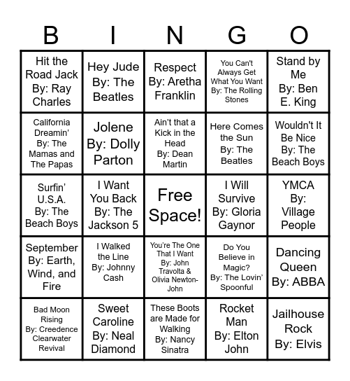 Singo Bingo: Song of the 60s and 70s Bingo Card
