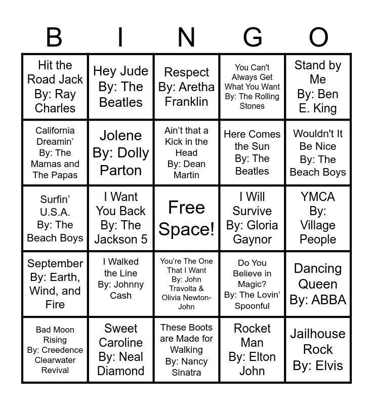 Singo Bingo: Song of the 60s and 70s Bingo Card