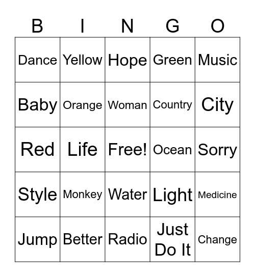 Song Lyrics Bingo Card