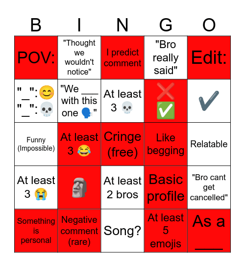 YouTube Shorts Comments Bingo Card