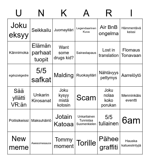 Unkari Bingo Card
