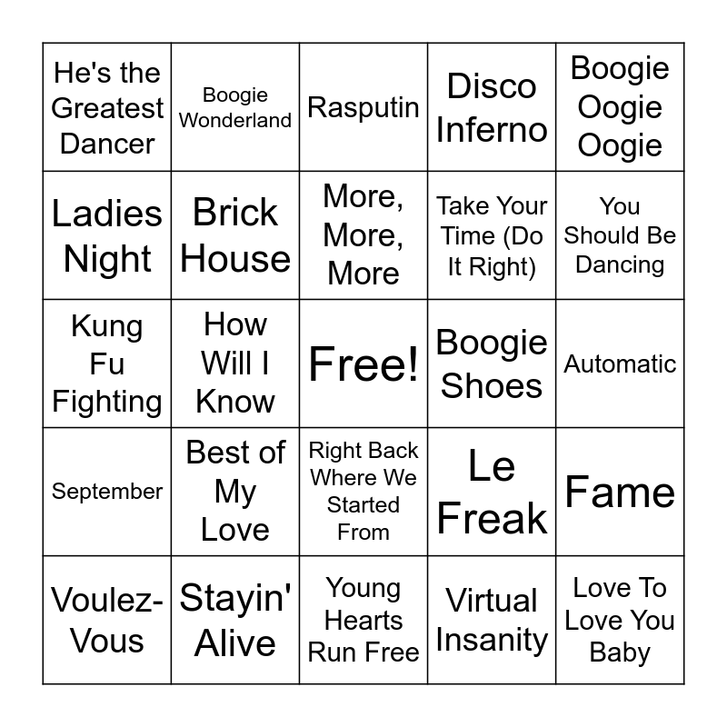 Round 2 - Boogie Nights Bingo Card