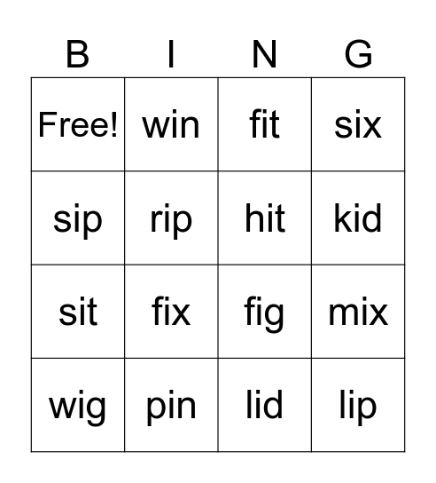 short vowel i Bingo Card