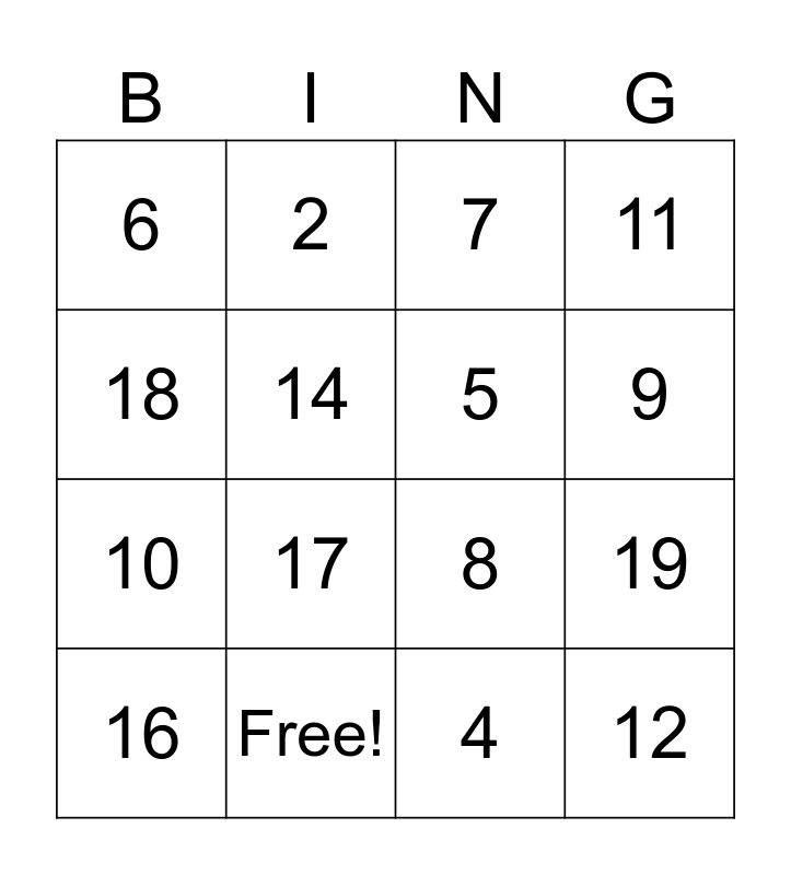 Numbers Bingo Card