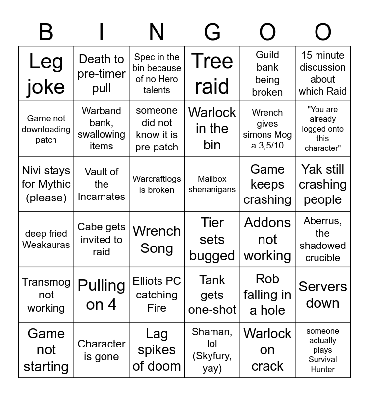 Pre-Patch Raid Bingo Card