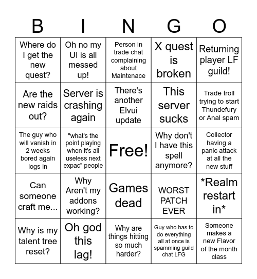 Patch Launch Day Bingo Card