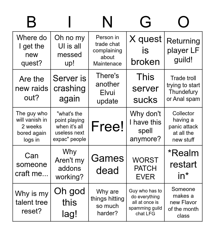 Patch Launch Day Bingo Card