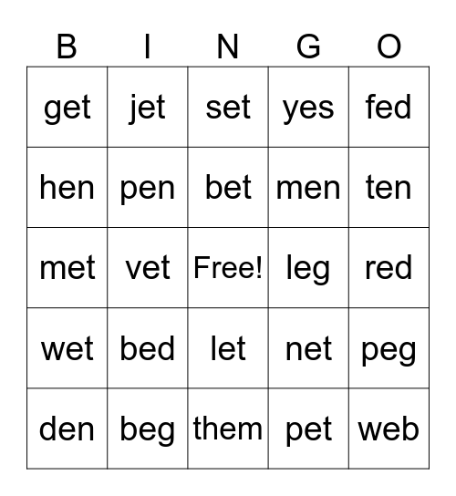CVC Words-Short e Bingo Card
