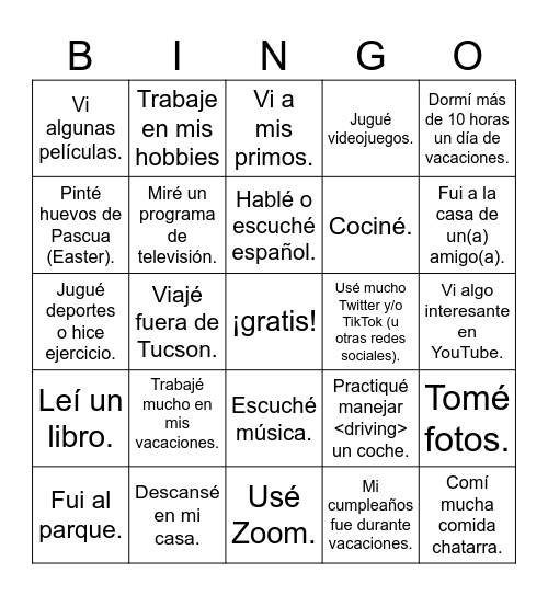 ¿Qué hiciste? Mis vacaciones de verano Bingo Card