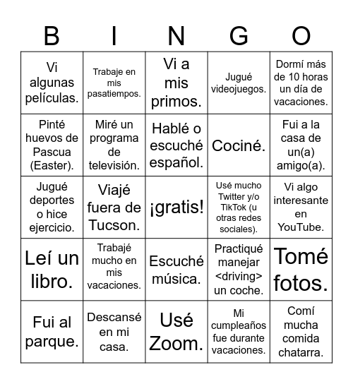 ¿Qué hiciste? Mis vacaciones de verano Bingo Card