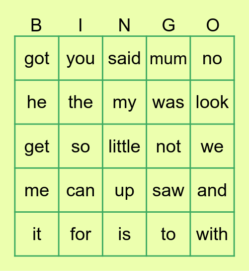 Sight Words Bingo Card