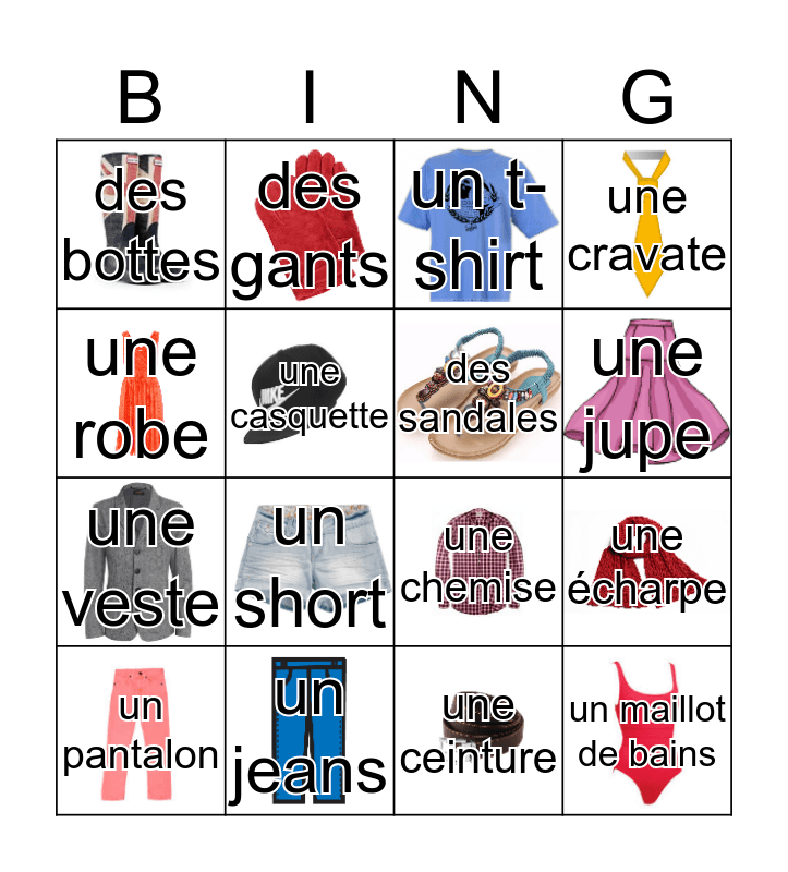 Les vêtements Bingo Card