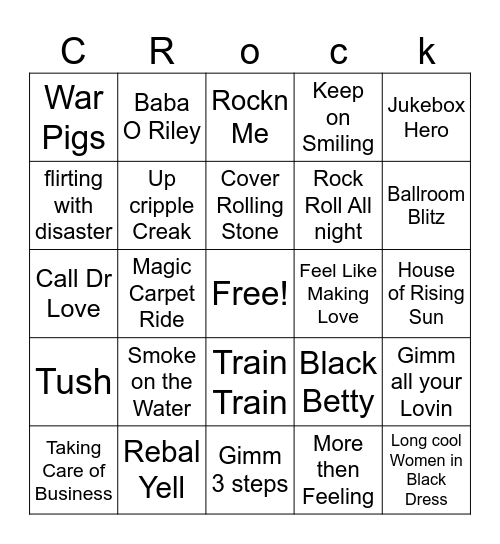 Classic Rock Bingo Card