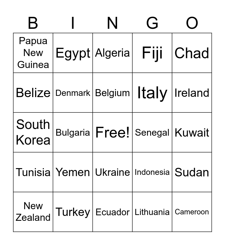 Country Bingo Card