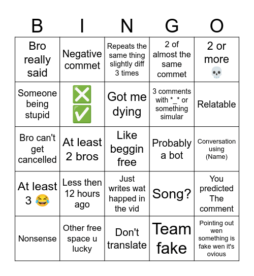 Comet section Bingo Card