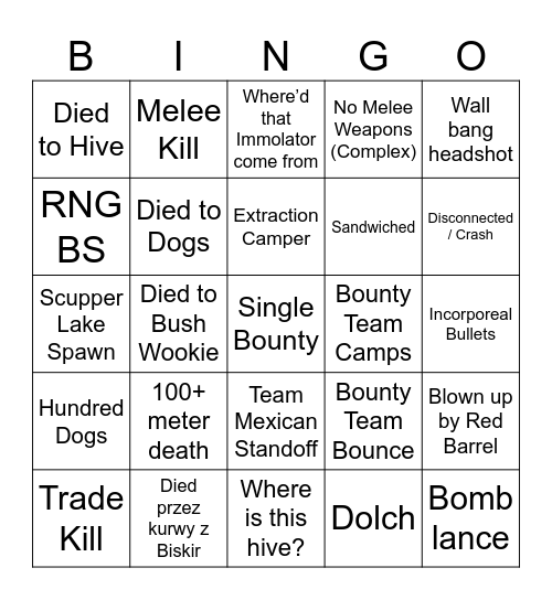 Hunt: Showdown Bingo Card