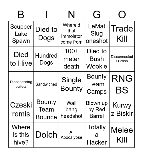 Hunt: Showdown Bingo Card