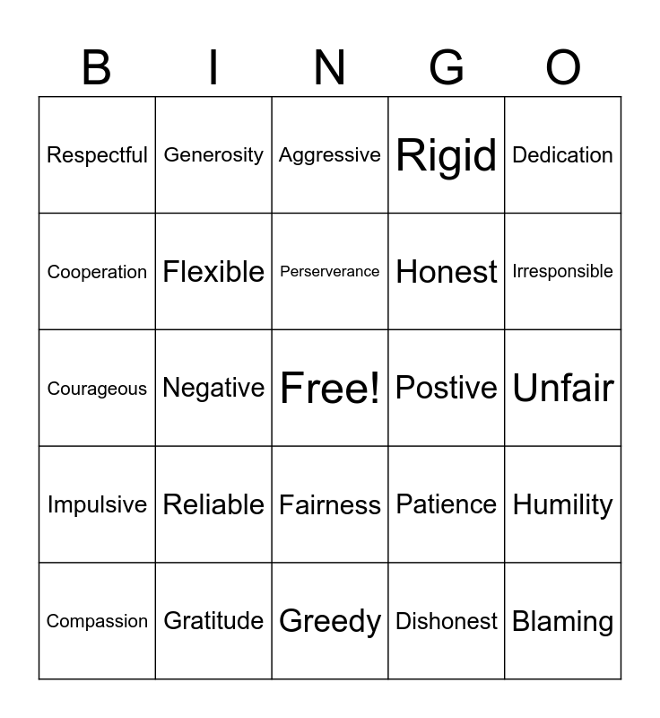 Traits for Teamwork Bingo Card