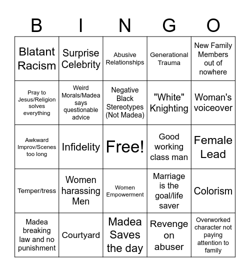 Tyler Perry Bingo Card