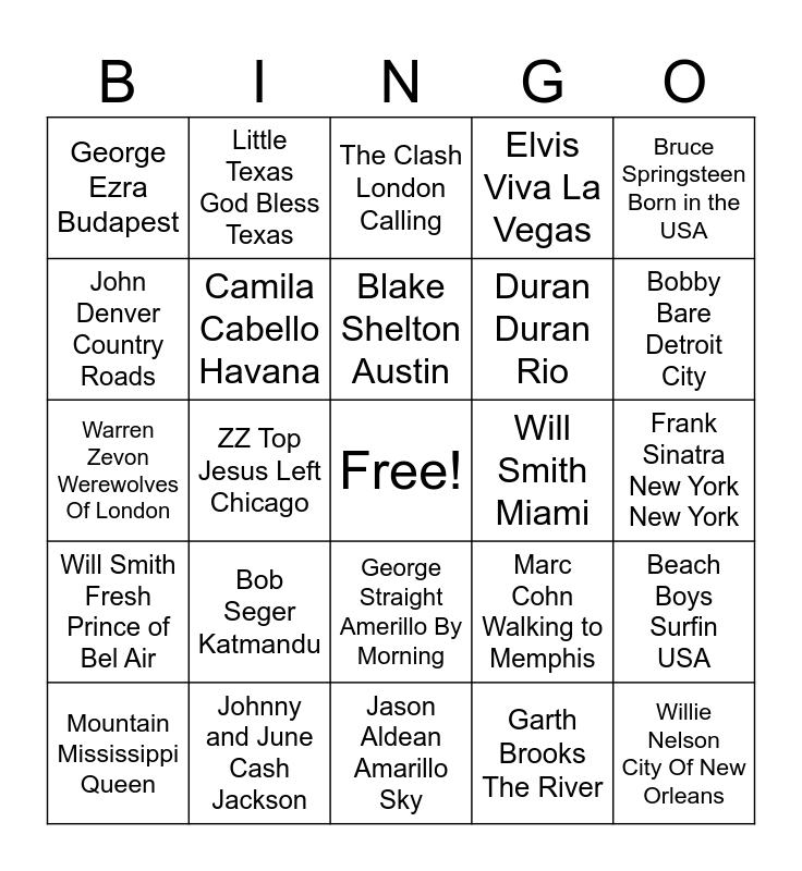 Geography Music bingo Card