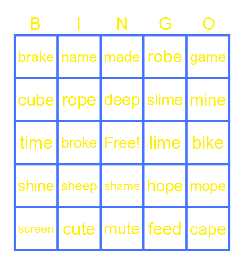 Bossy "e" words Bingo Card