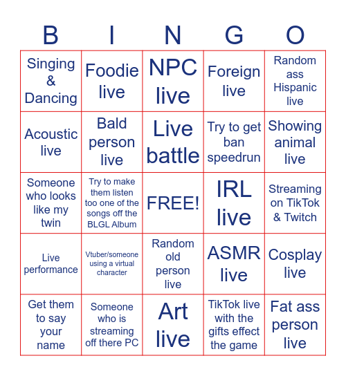 Gage TikTok Live Bingo Card