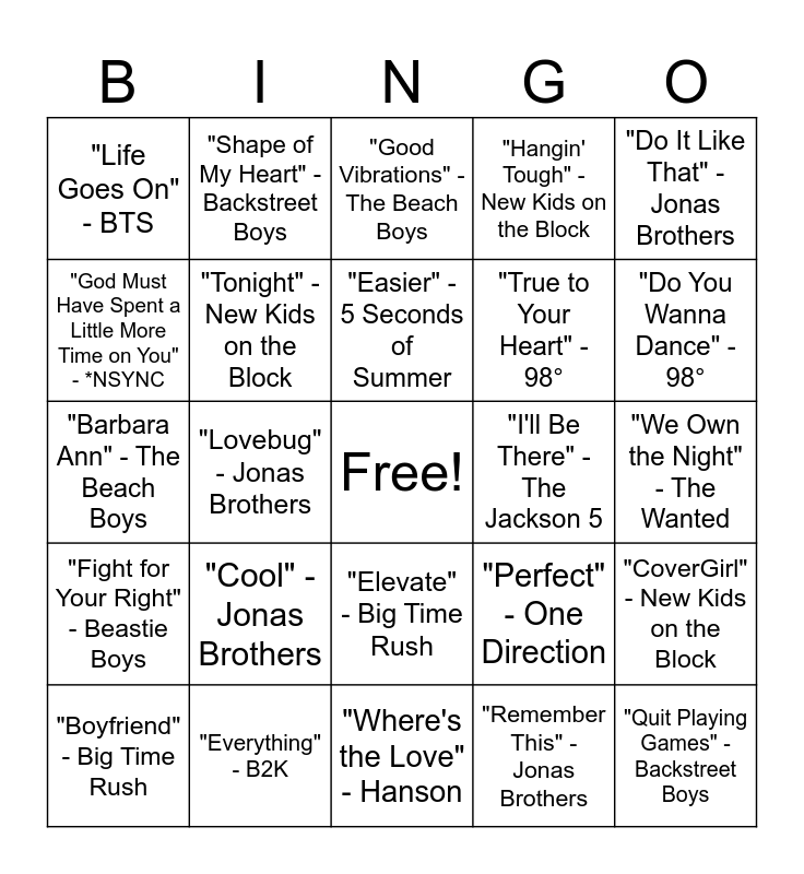 Boy Band Music Bingo Round #3 Bingo Card