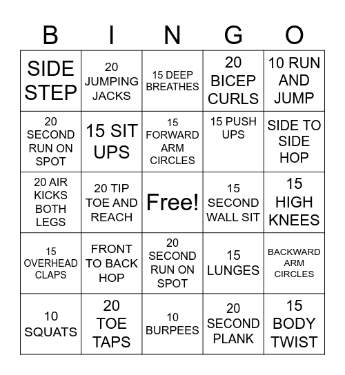 Fitness Bingo Card