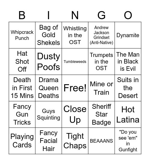 Western Movie Drinking Game Bingo Card