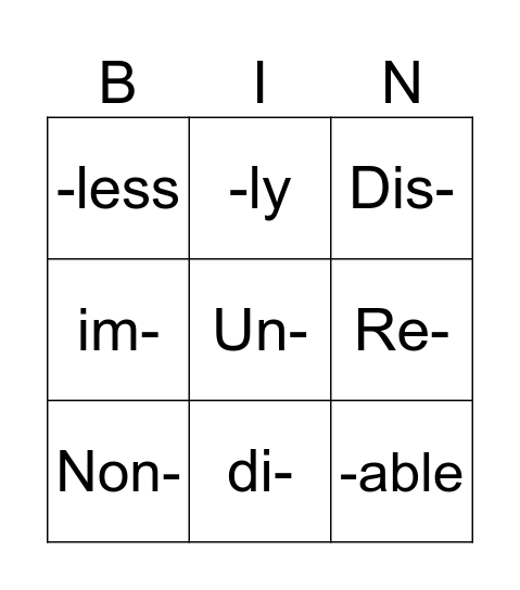 Prefixes and suffixes Bingo Card