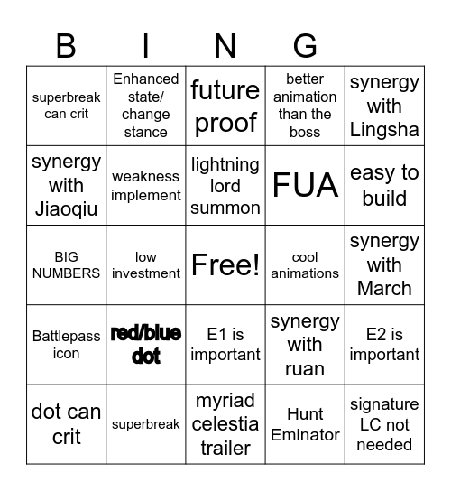 Feixiao Bingo Card