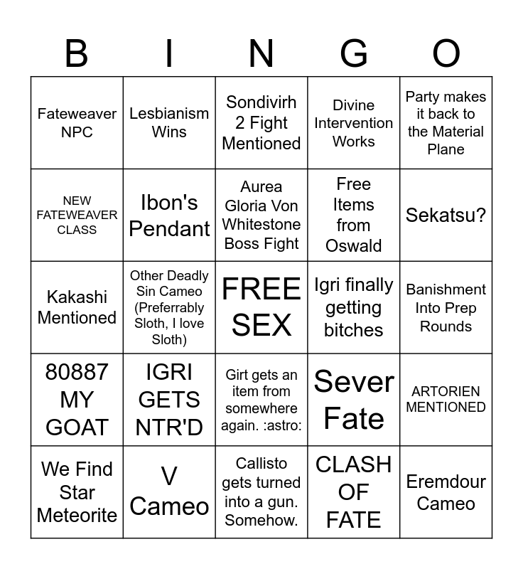 ASTRAL SEA SEX LETS GO Bingo Card
