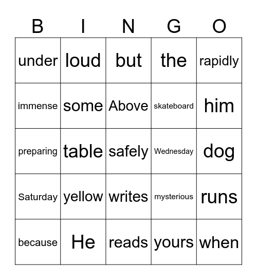 Word Class Bingo Card