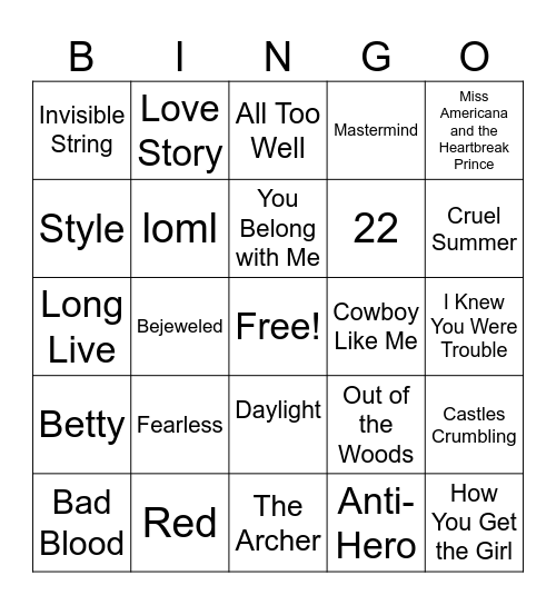 Taylor Swift Music Bingo Card